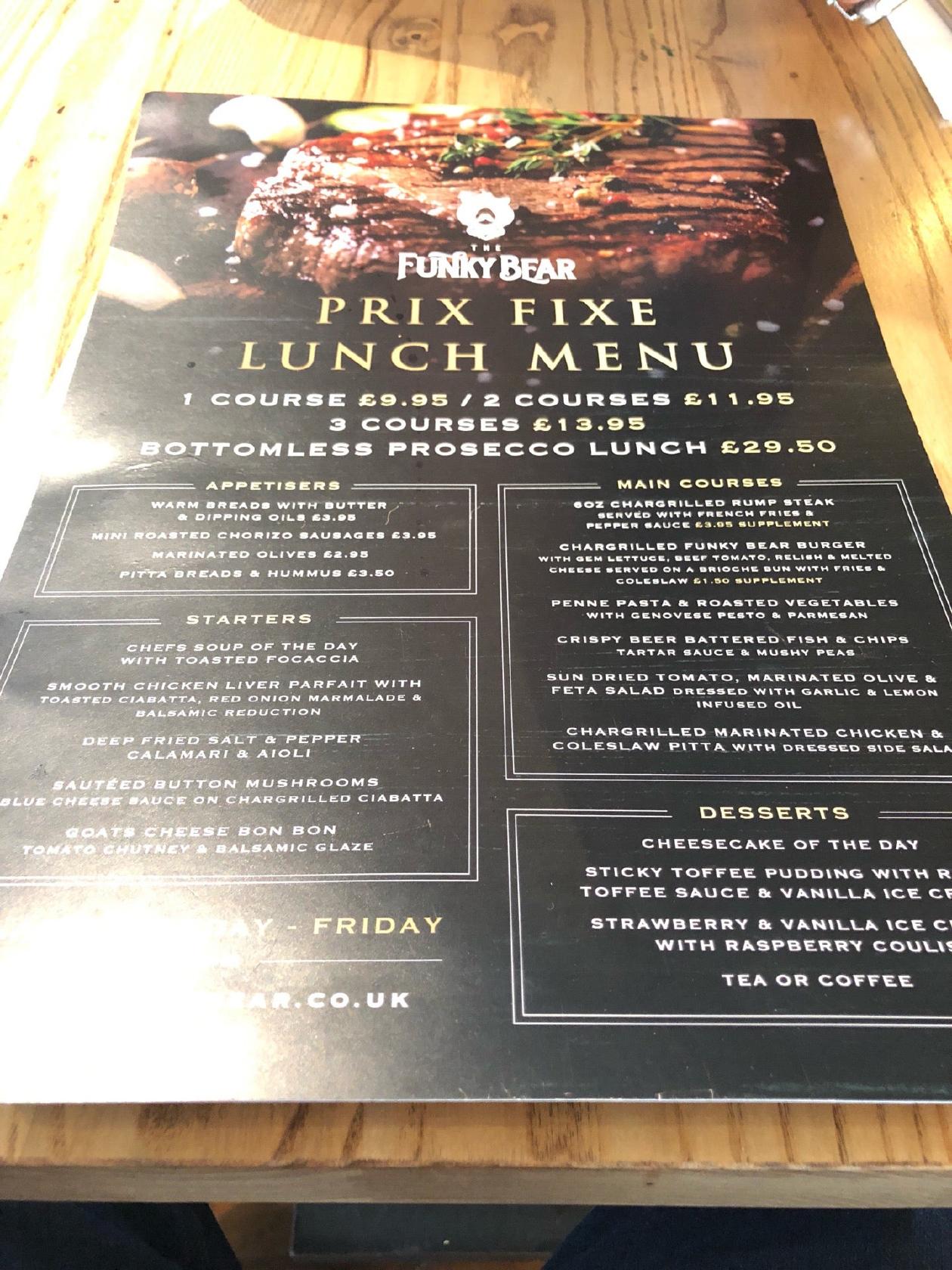 Menu at The Funky Bear restaurant, Sutton Coldfield