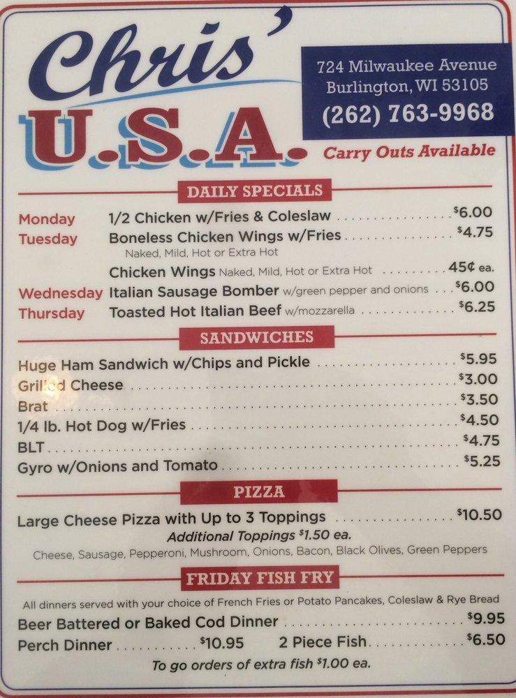 Menu at Chris' USA pub & bar, Burlington