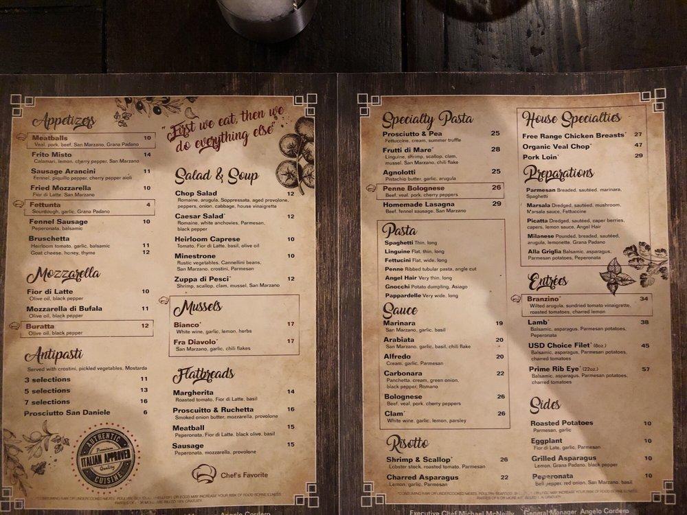 Menu at Fresco Italiano restaurant, Las Vegas, Paradise Rd