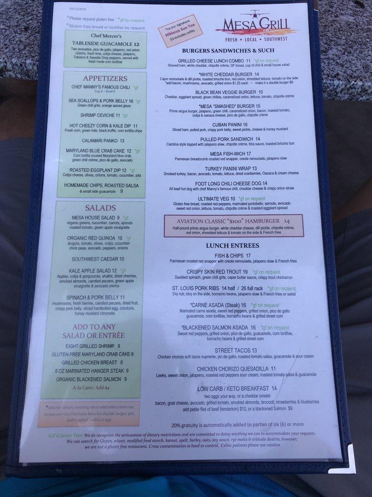 Menu at Mesa Grill Sedona restaurant, Sedona