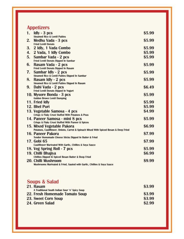 Menu at Udupi Palace Restaurant, Surrey