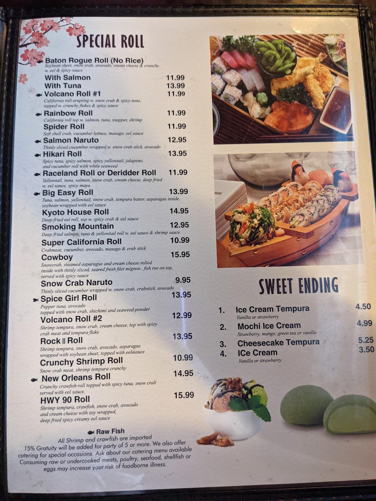 Carta de Kyoto Steakhouse & Sushi Bar, Raceland