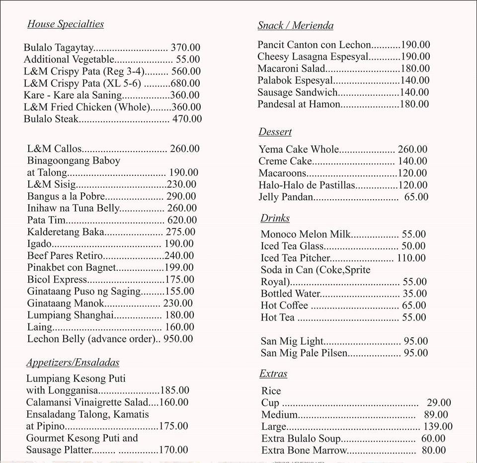 Menu at Lolo & Mima's Restaurant, Quezon City