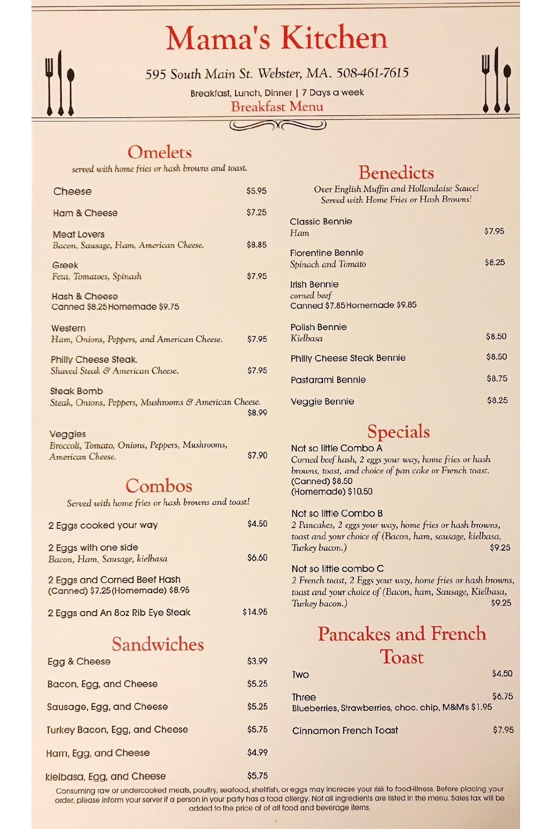 Menu at Mama's Kitchen restaurant, Webster