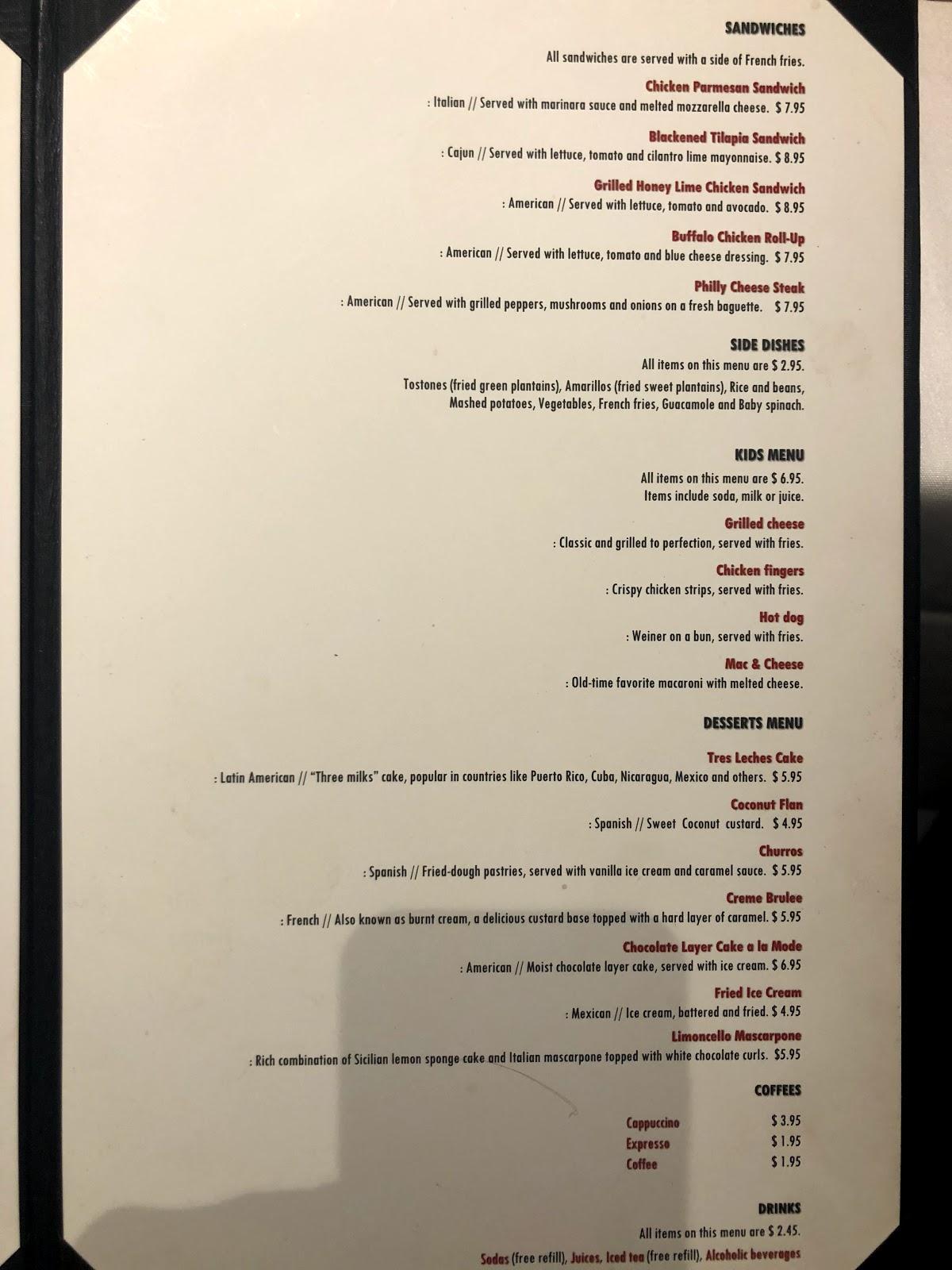 Carta de Papagallo Restaurant, Attleboro