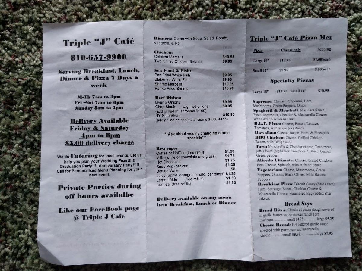 Menu at Triple J Cafe, Carsonville