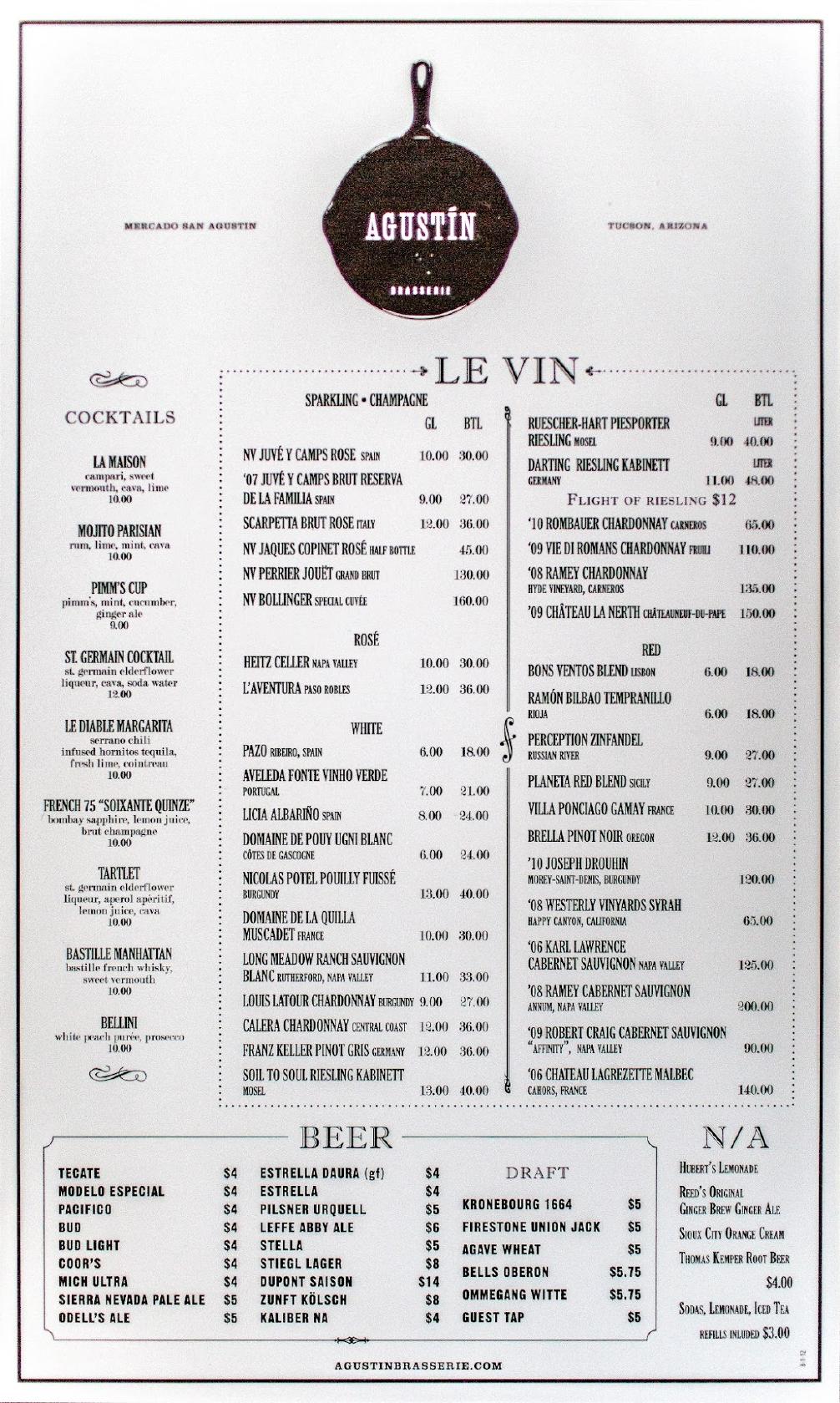 Menu at Agustin Kitchen pub & bar, Tucson