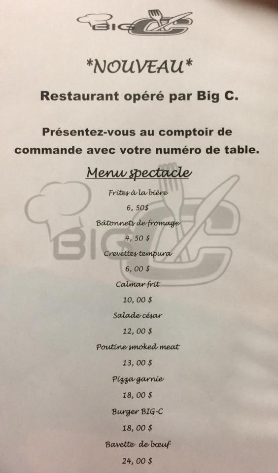 Menu at Big C restaurant, Québec City