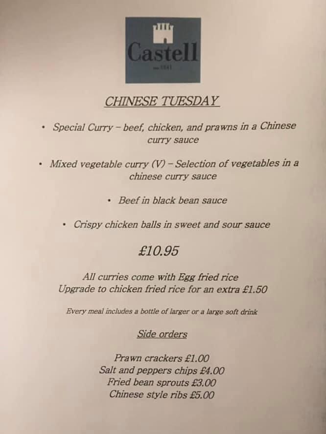 Menu at Castell pub & bar, Caernarfon