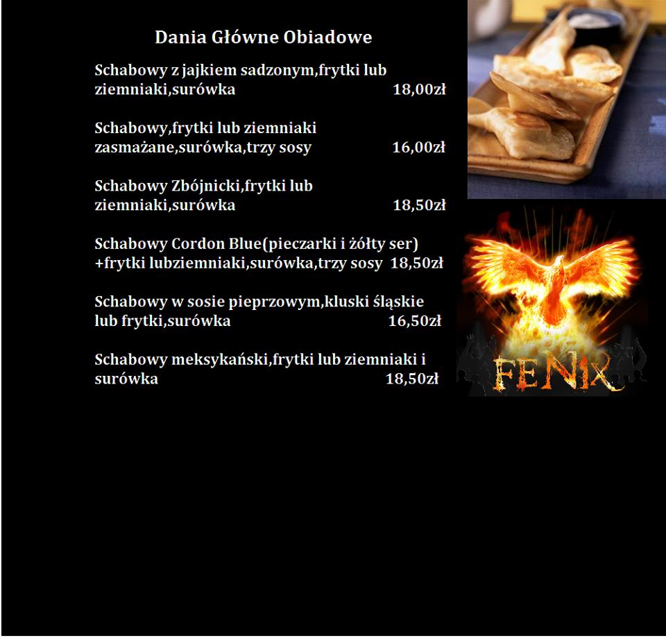 Menu at Fenix restaurant, Kamienna Góra