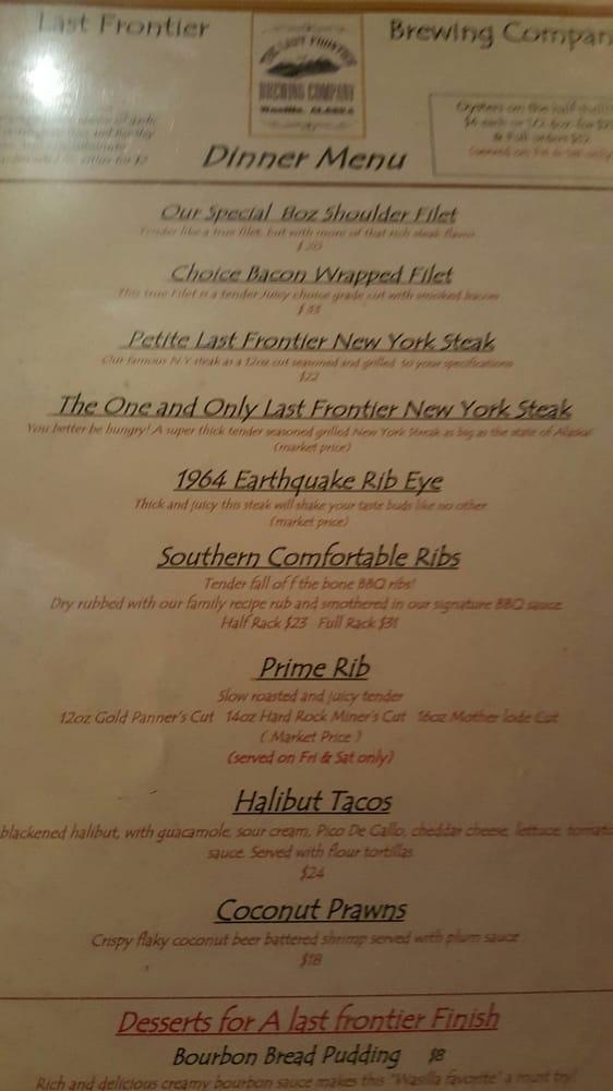 Menu at Last Frontier Brewing Co pub & bar, Wasilla