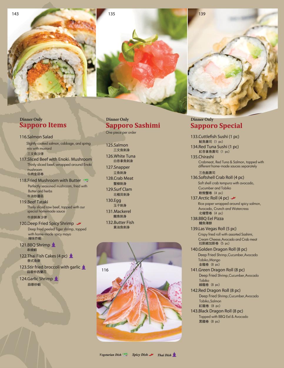 Menu at Sapporo Japanese&Thai Restaurant, Hamilton
