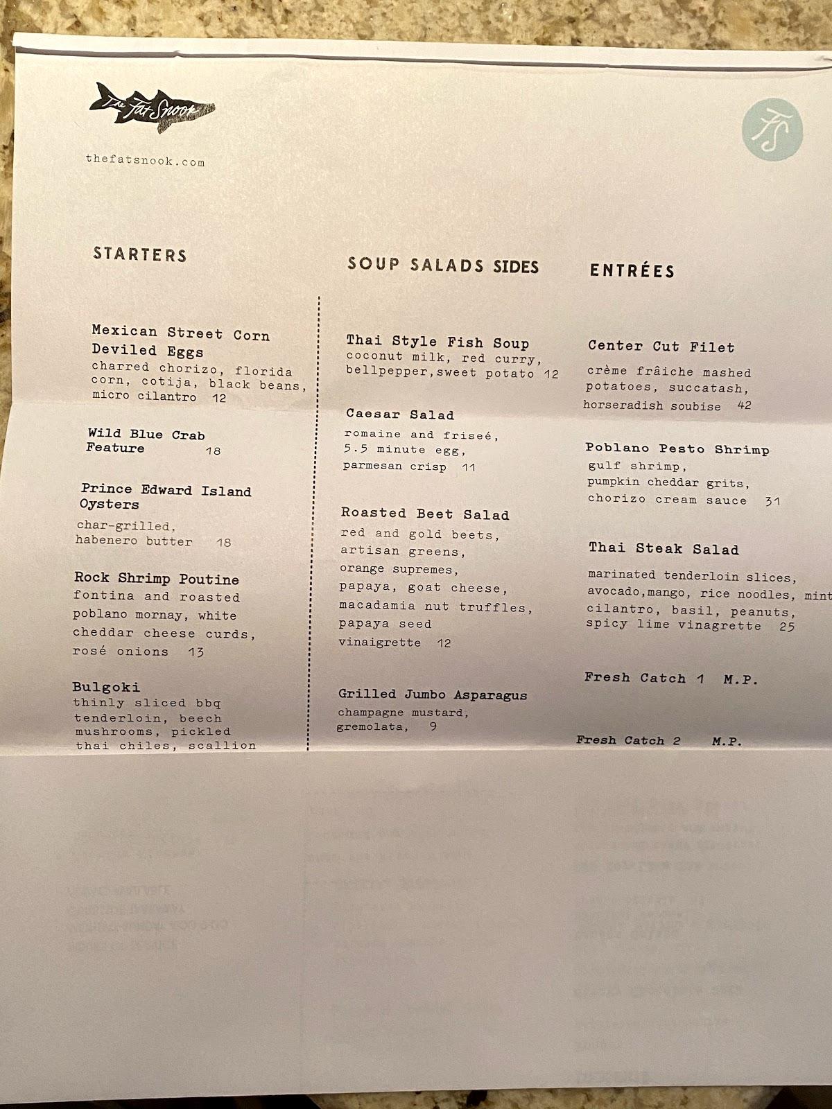 Menu at The Fat Snook restaurant, Cocoa Beach