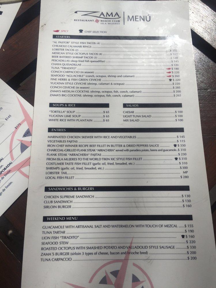 Menu at Zama pub & bar, Isla Mujeres