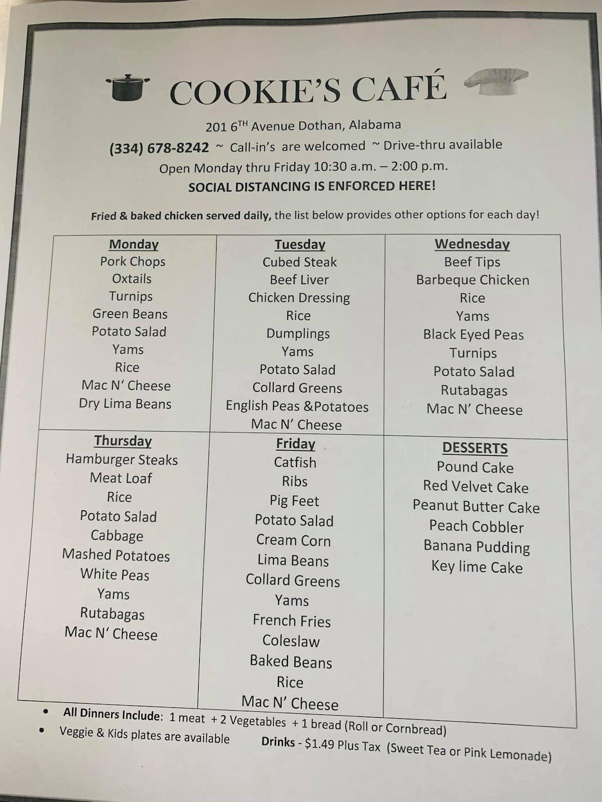 Menu at Cookie's Corner Cafe, Dothan, 201 6th Ave