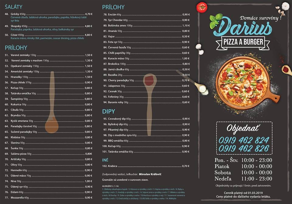 Menu at Darius PIZZA & Burger pizzeria, Kysucké Nové Mesto