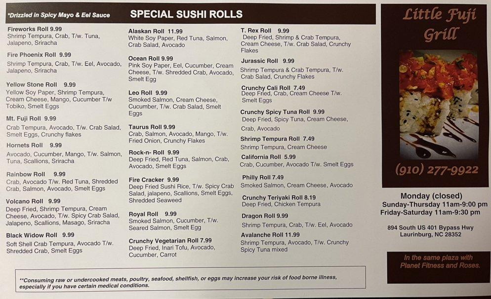 Menu at Little Fuji Restaurant, Laurinburg, 894 US-401
