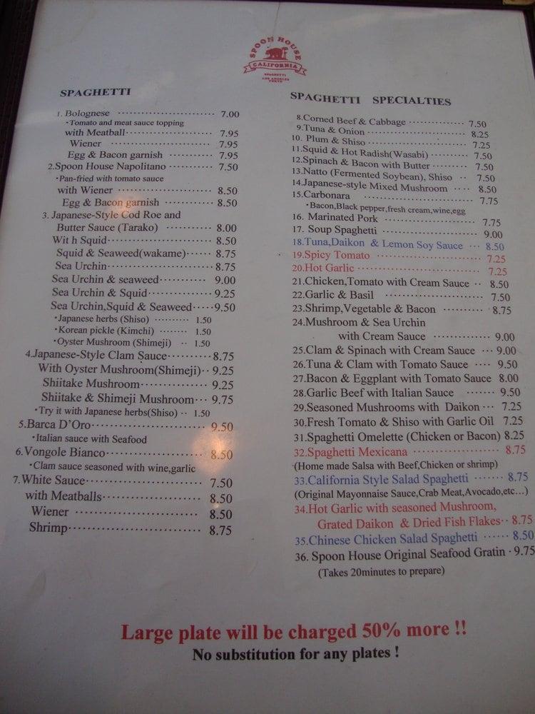 Menu at Spoon House Bakery and Restaurant, Gardena