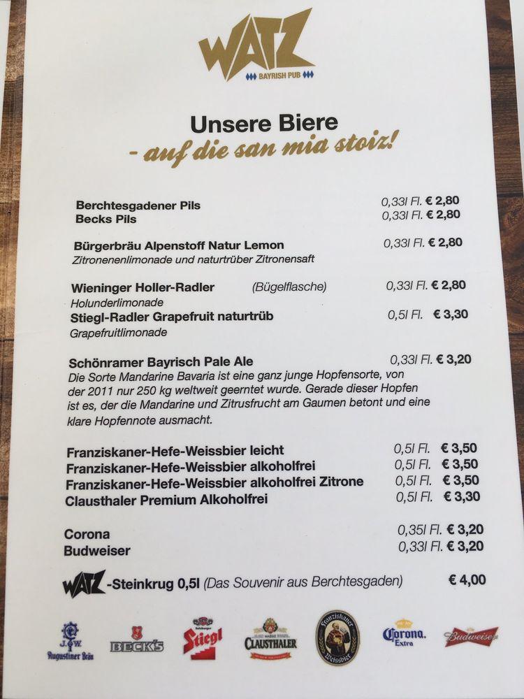 Menu at Watz Bayrish Pub, Berchtesgaden