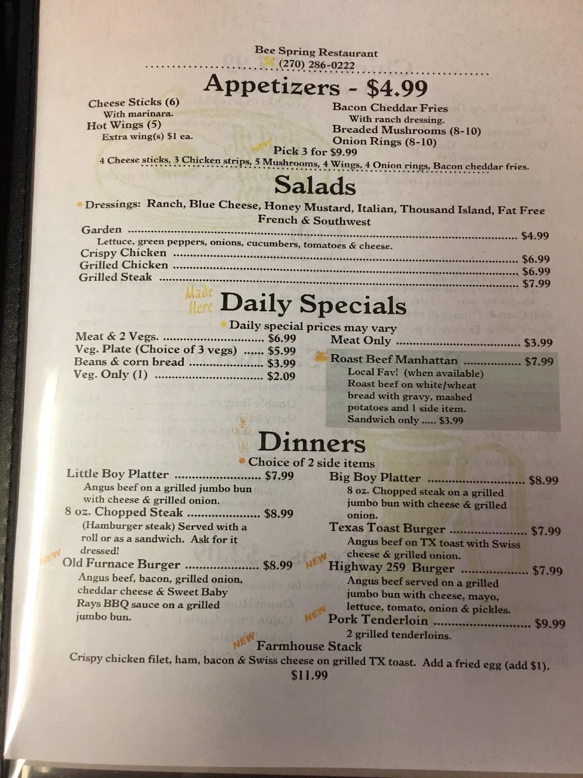 Menu at Bee Spring Restaurant, Bee Spring