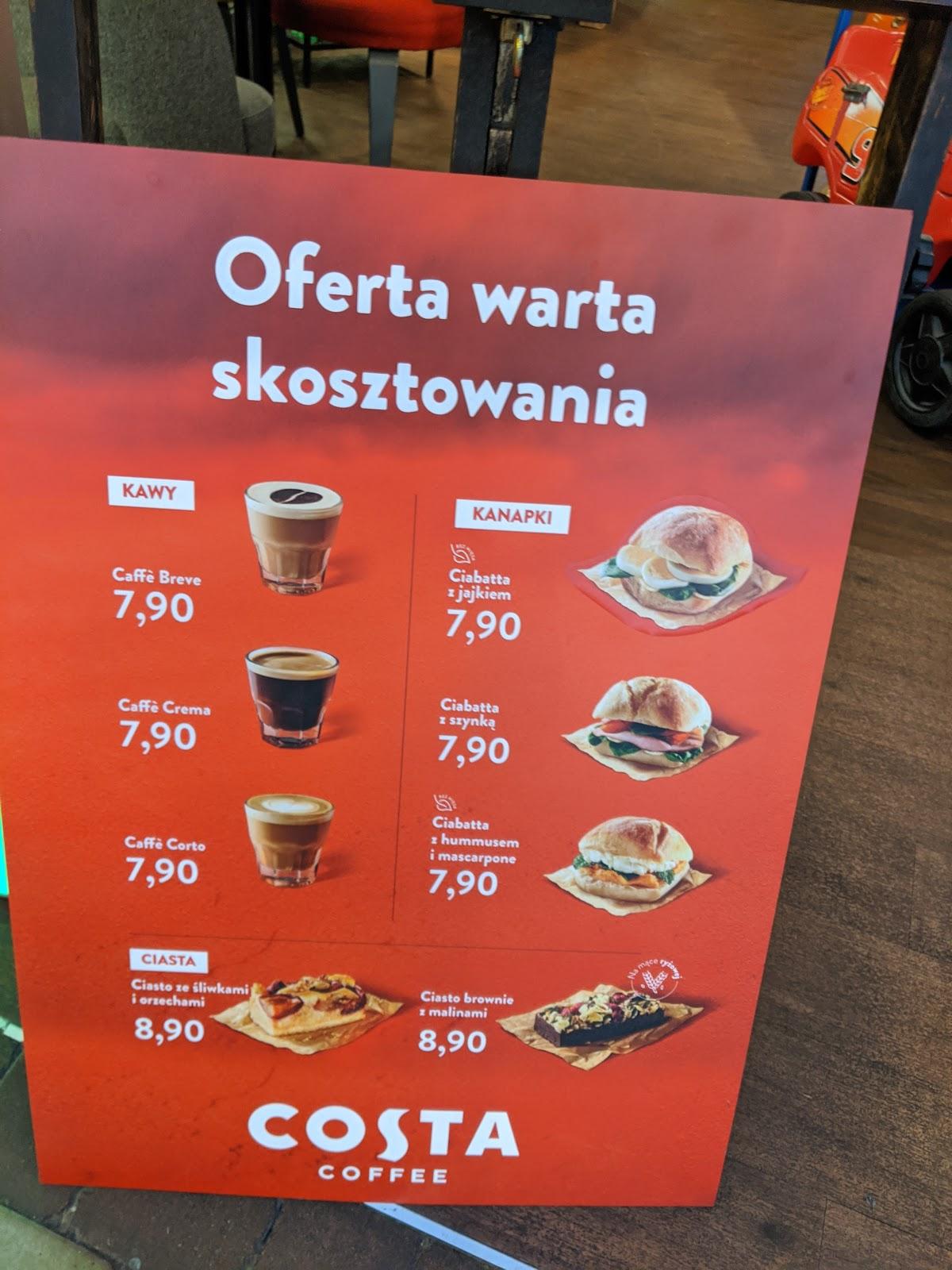 Carta del café Costa Coffee, Bielsko-Biała, ul. Mostowa 5