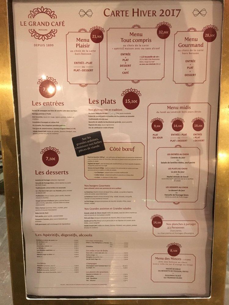 Menu au Le Grand Café, Moulins