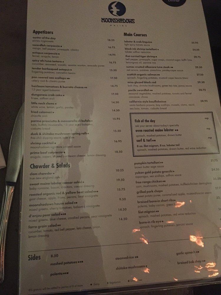 Menu at Moonshadows Malibu pub & bar, Malibu