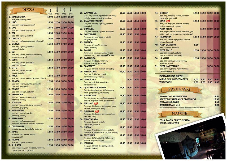 Menu at Pizzeria "ETNA" Witnica, Witnica