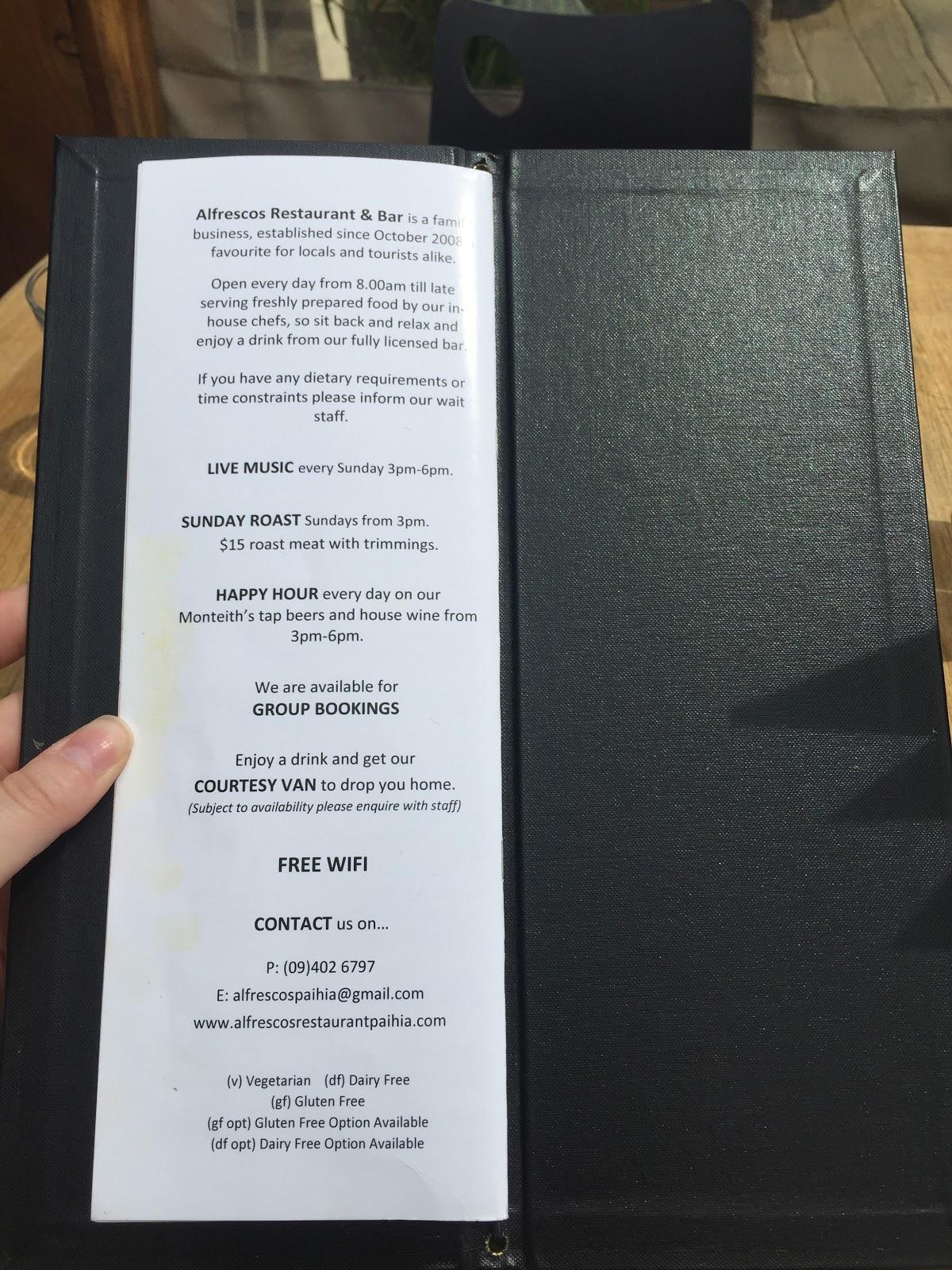 Menu at Rayz on the Bay restaurant, Paihia