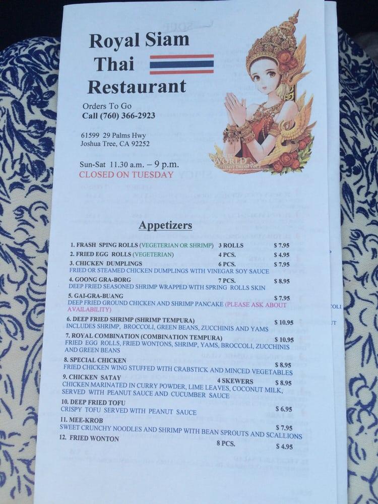 Menu at Royal Siam Cuisine Thai Restaurant, Joshua Tree