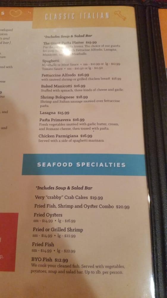 Menu at Seafood & Spaghetti Works restaurant, Port Aransas