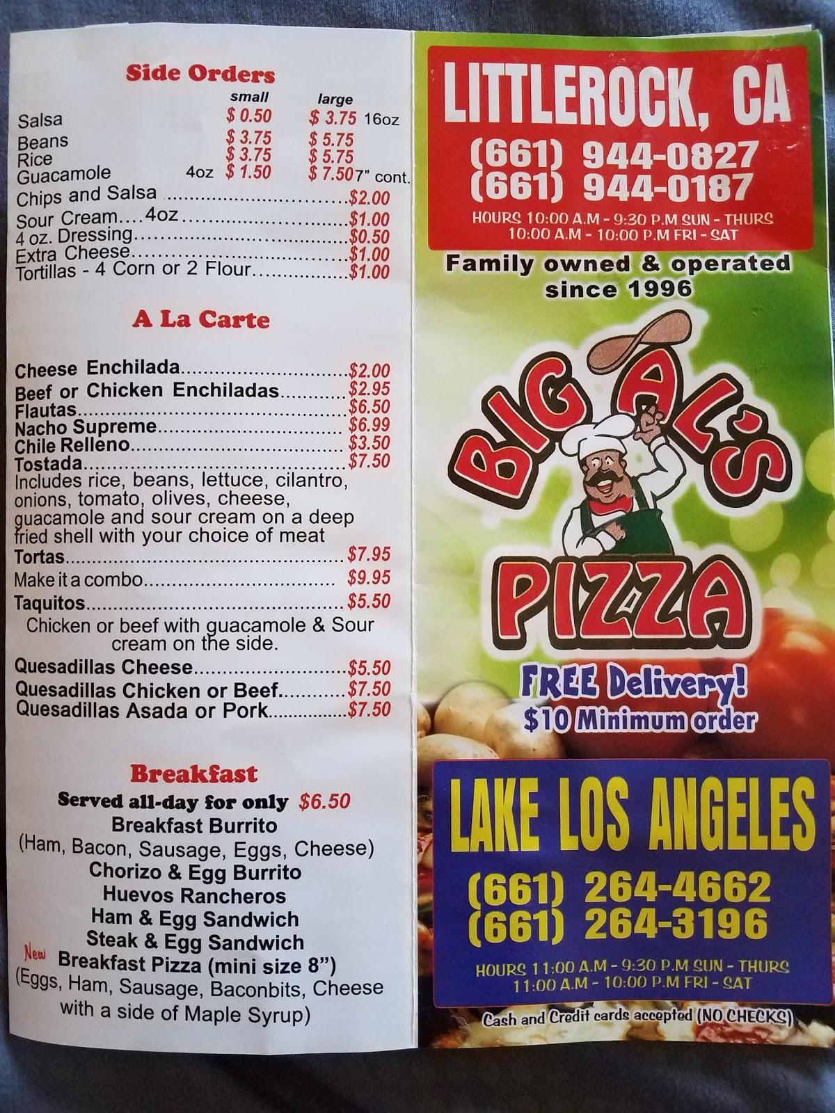 Menu at Big Al's Pizza pizzeria, Lake Los Angeles, 170th St E
