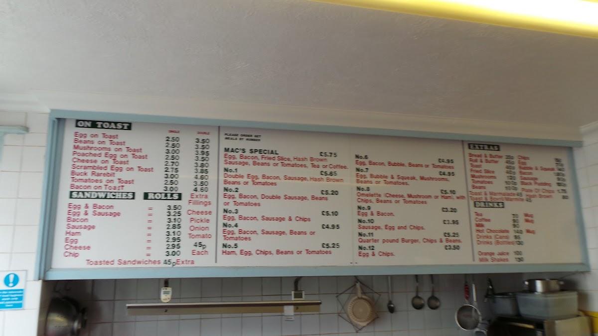 Menu at Macs Cafe, Brighton