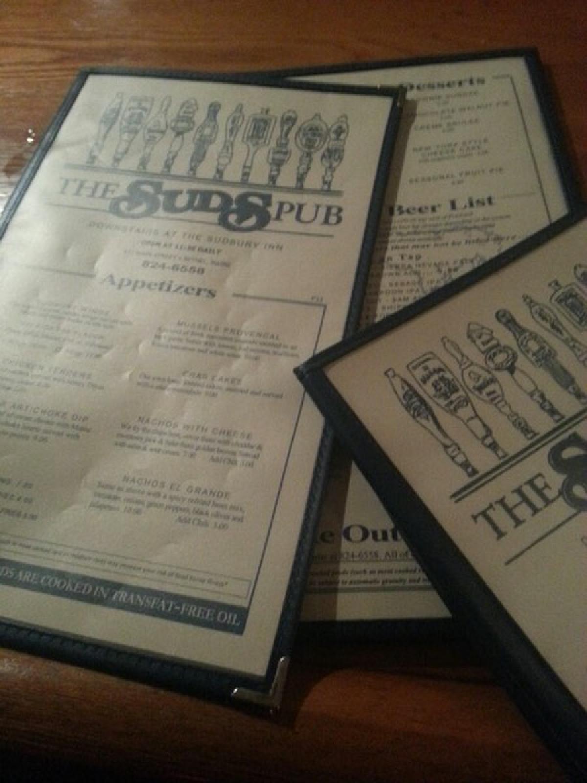 Menu at Sud's Pub, Bethel