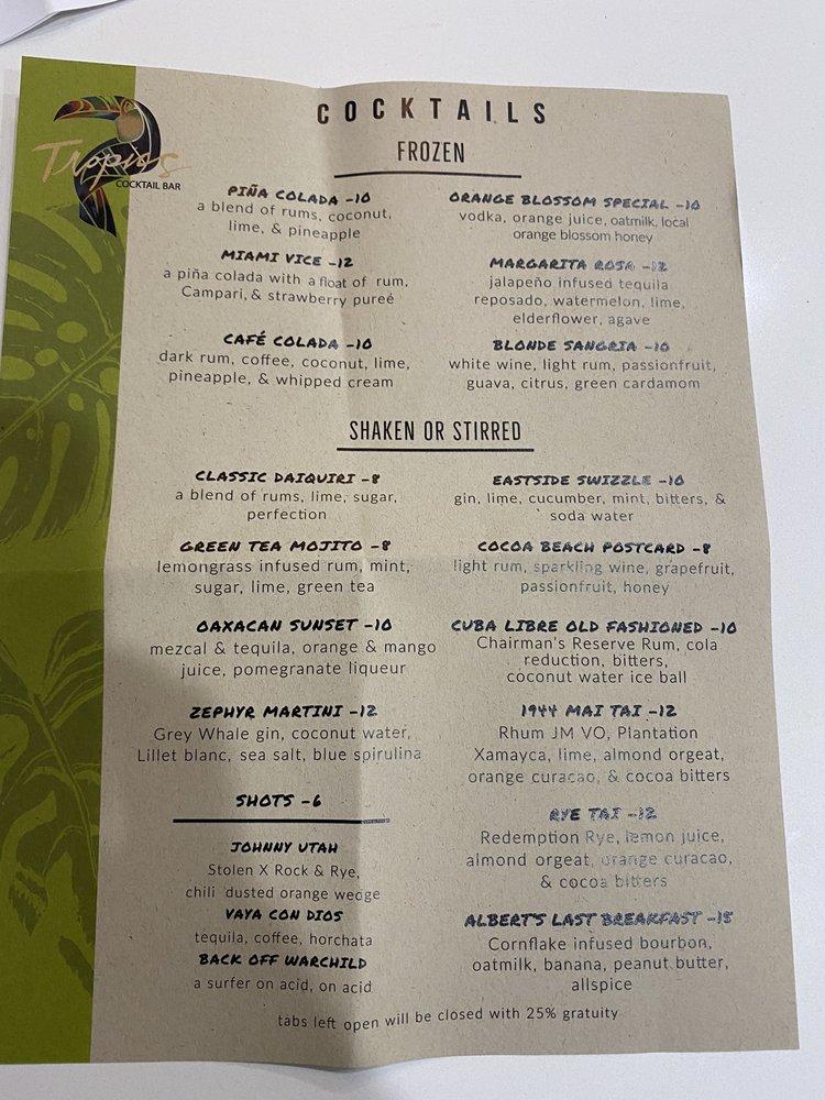 Menu at Tropics Cocktail Bar, Cocoa Beach