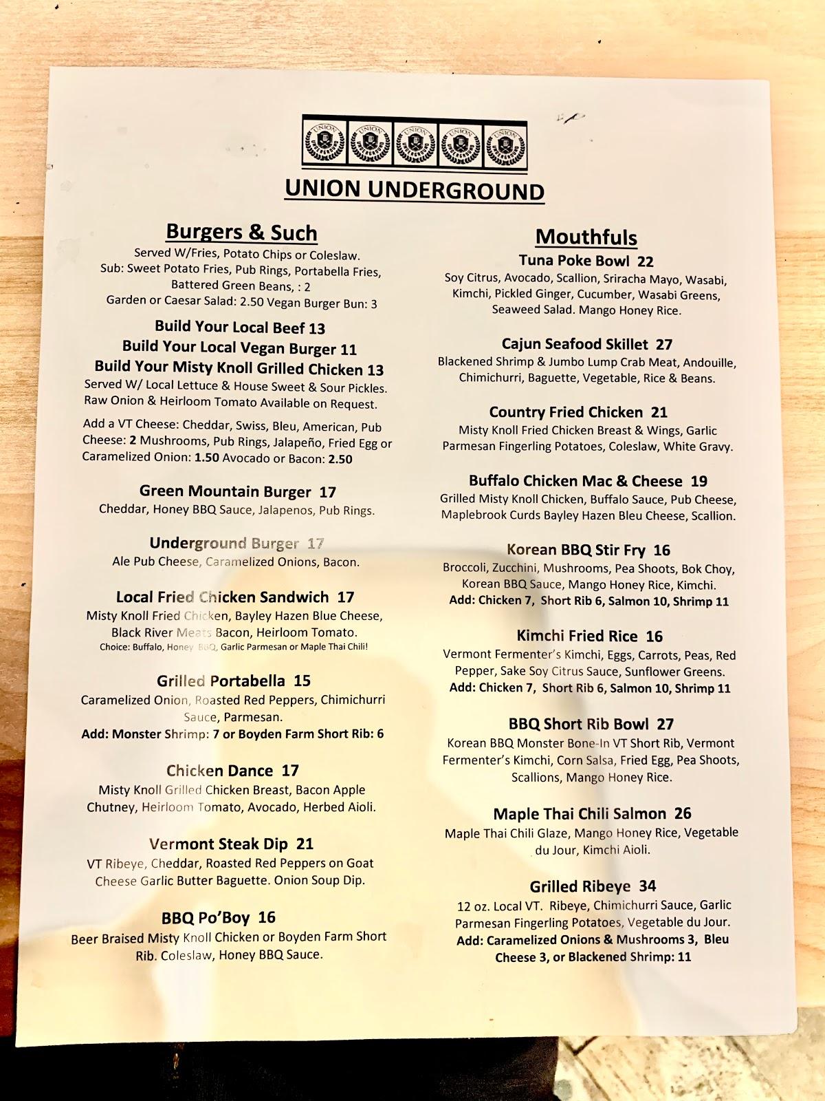 Menu at Union Underground pub & bar, Manchester