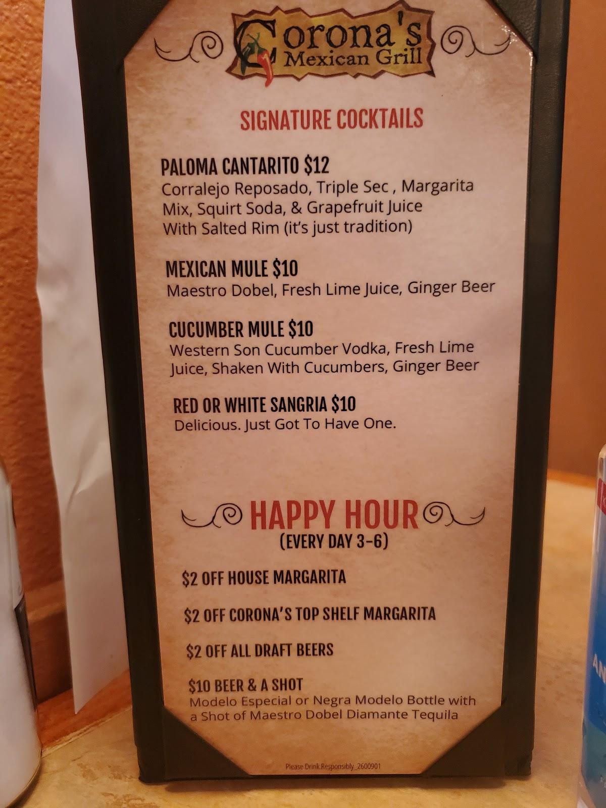 Menu at Corona's Mexican Grill restaurant, Strasburg