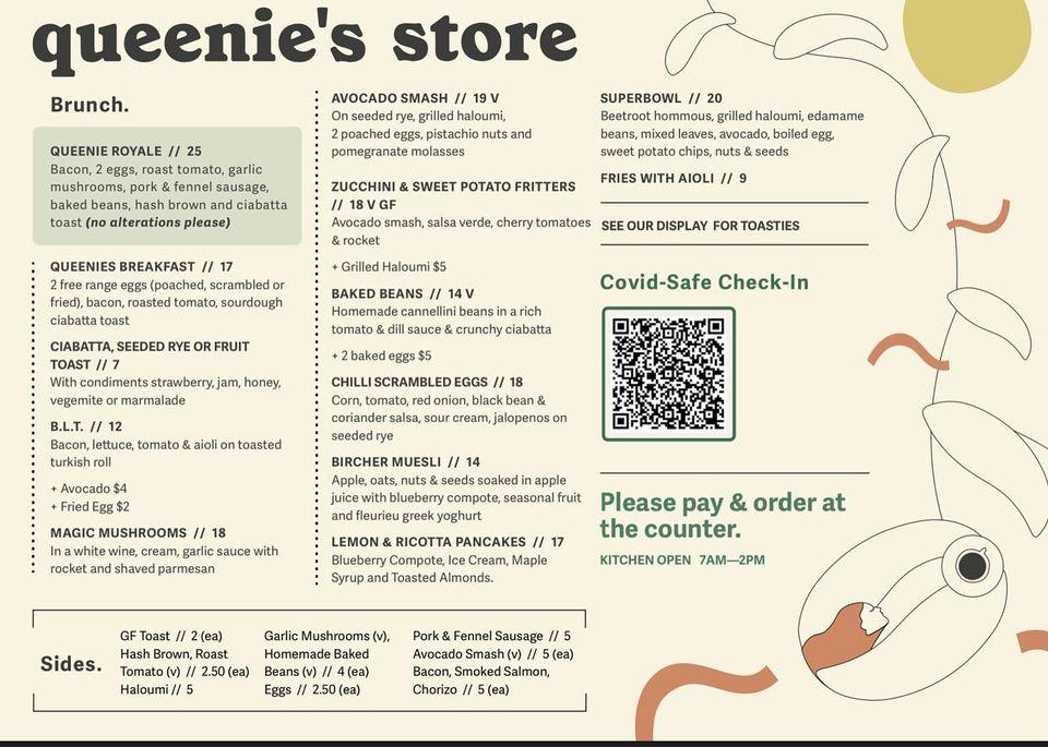 Menu at Queenies Store pizzeria, Largs Bay
