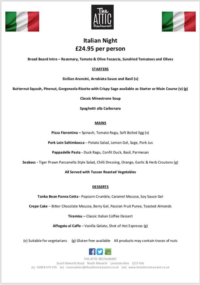 Menu at The Attic Restaurant, North Kilworth