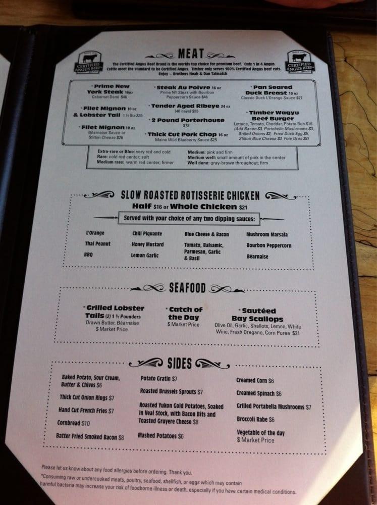 Menu at Timber steakhouse, Portland