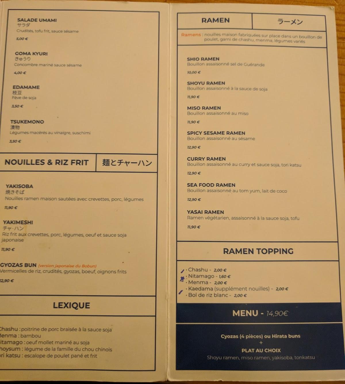 Menu at Umami ramen restaurant, Bordeaux