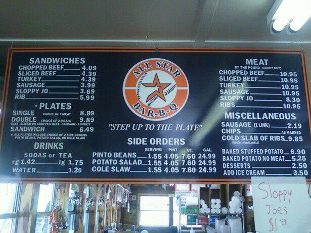 Menu at All Star Bar-B-Q, Rusk, 267 Dickinson Dr