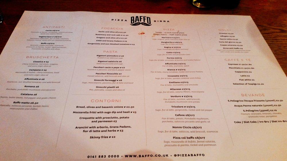 Menu at Baffo Pizza And Birra pizzeria, Glasgow