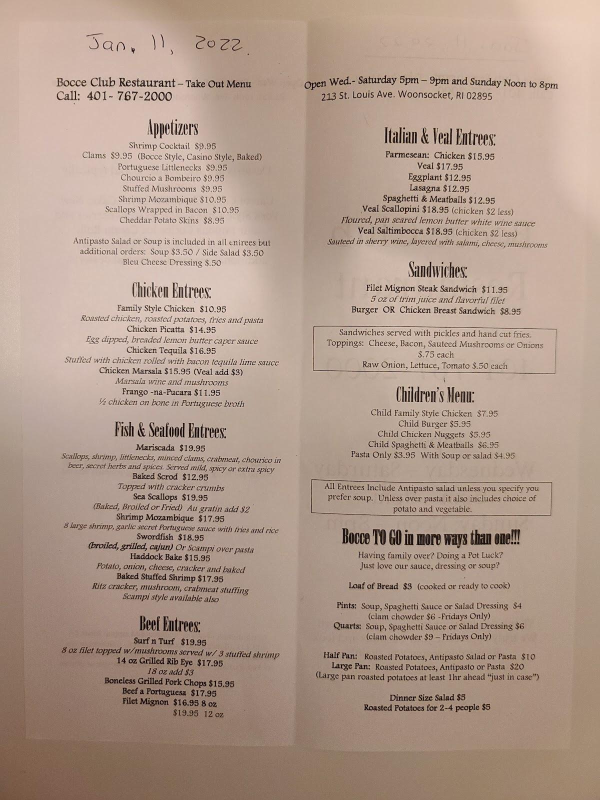 Menu at Bocce Club Restaurant, Woonsocket