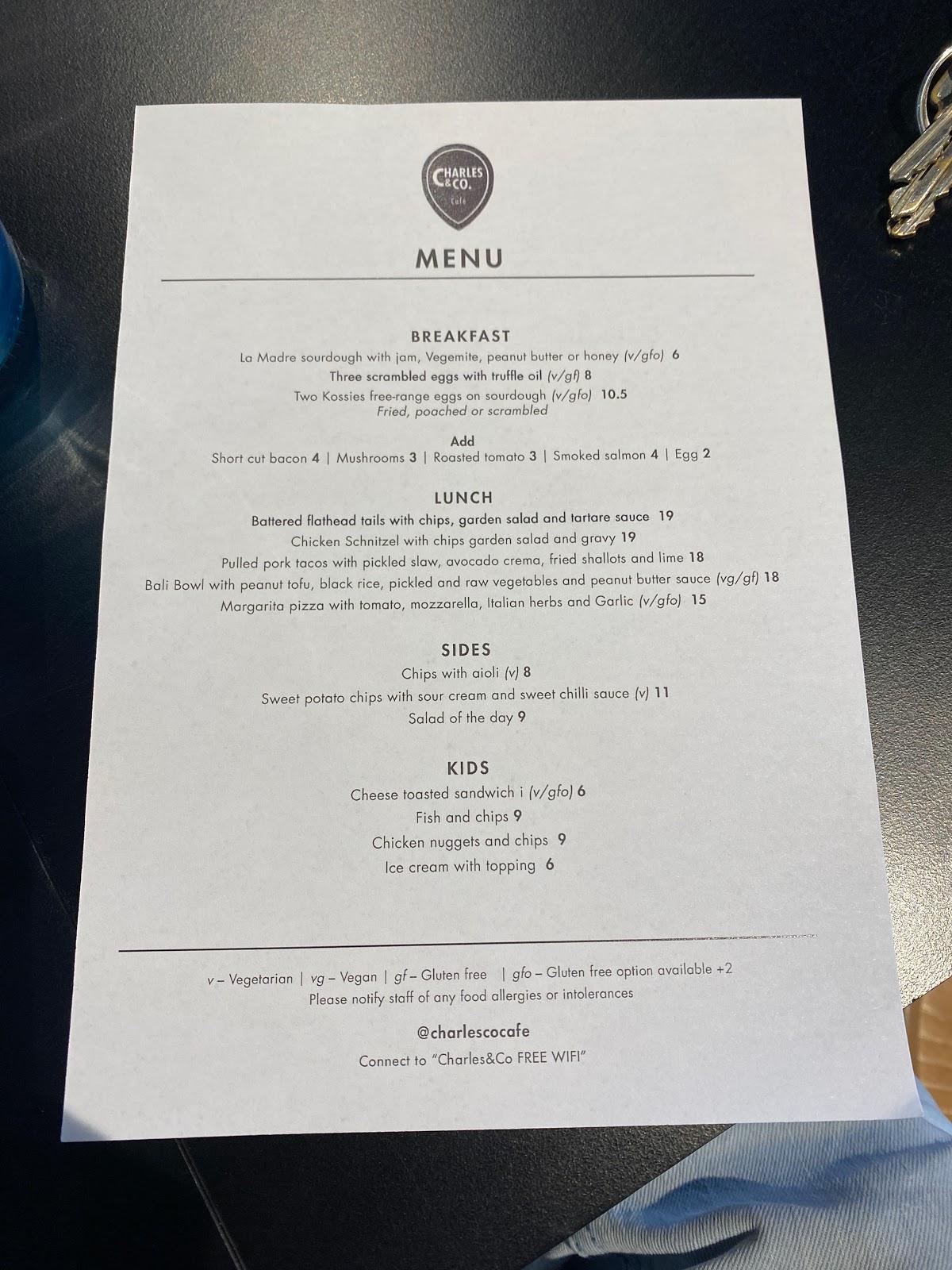 Menu at Charles & Co Cafe., Geelong, GMHBA Stadium