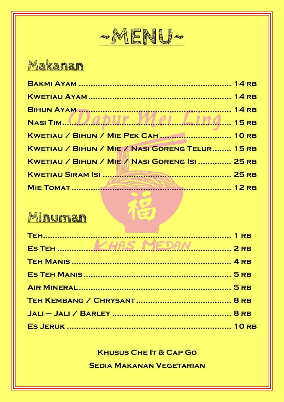 Menu at Dapur Mei Ling restaurant, West Jakarta