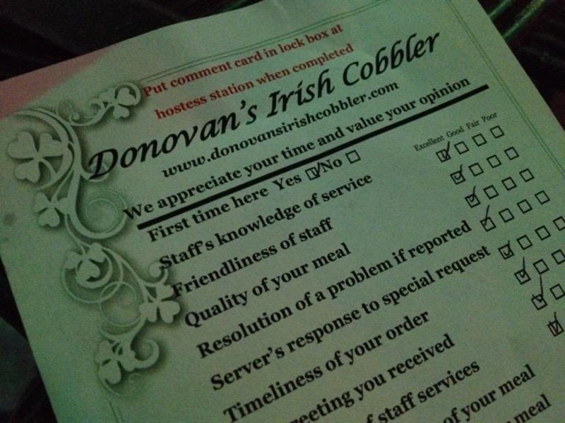 Menu at Donovan's Irish Cobbler restaurant, Woodstock