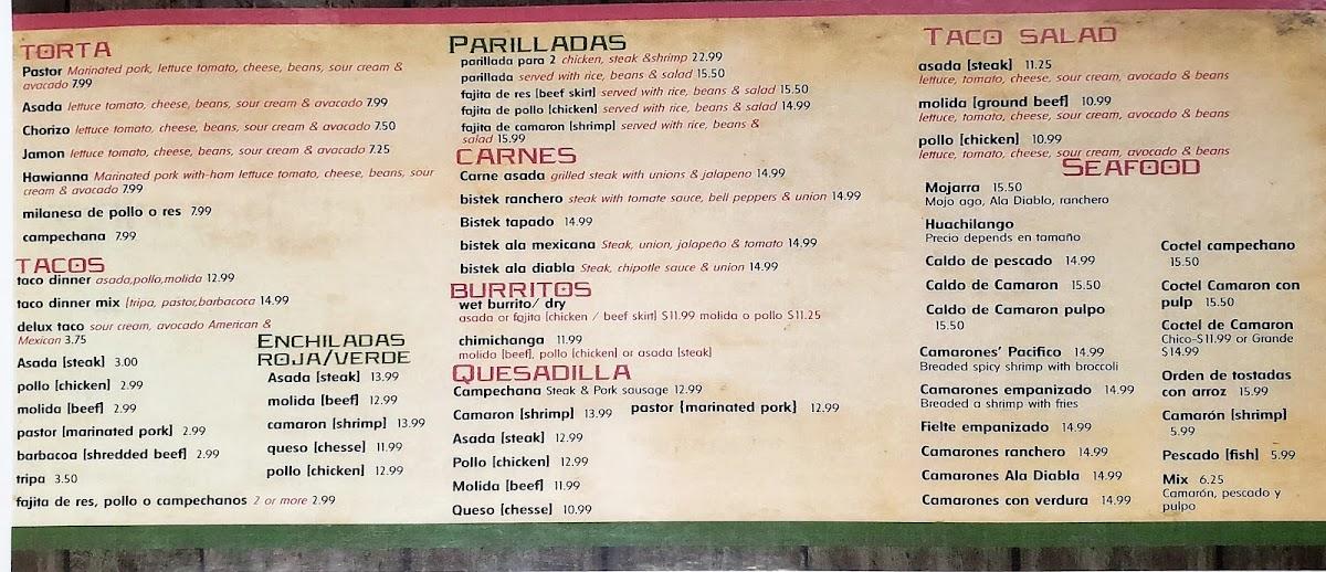 Menu at El Pacifico restaurant, Syracuse