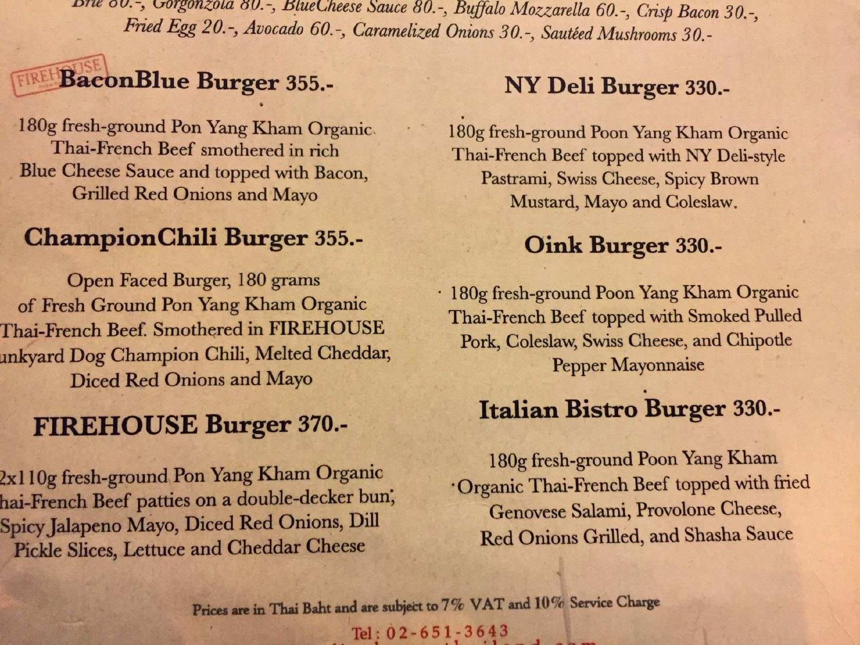 Menu at Firehouse restaurant, Bangkok