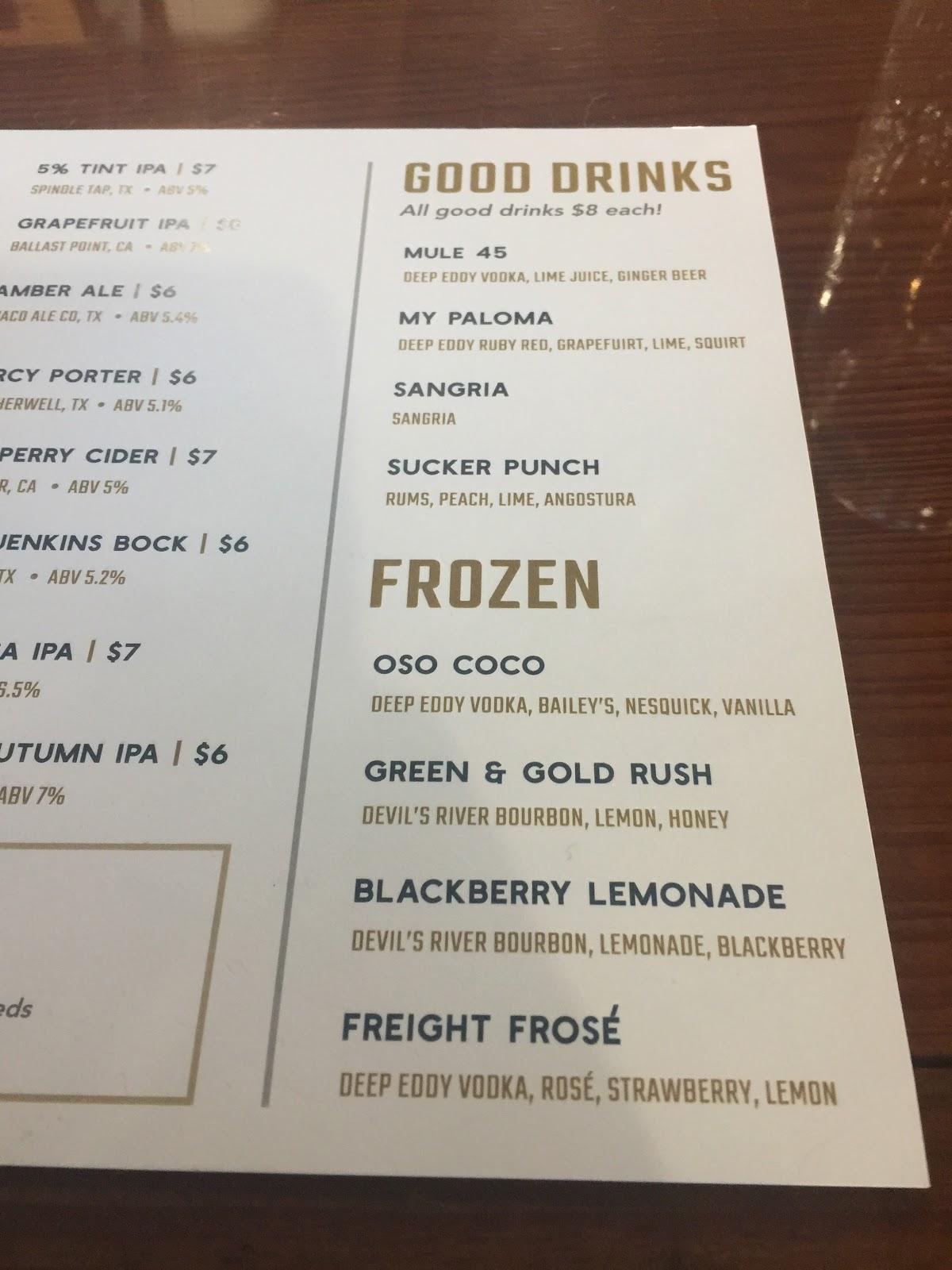 Menu at Freight Icehouse and Yardbar, Waco